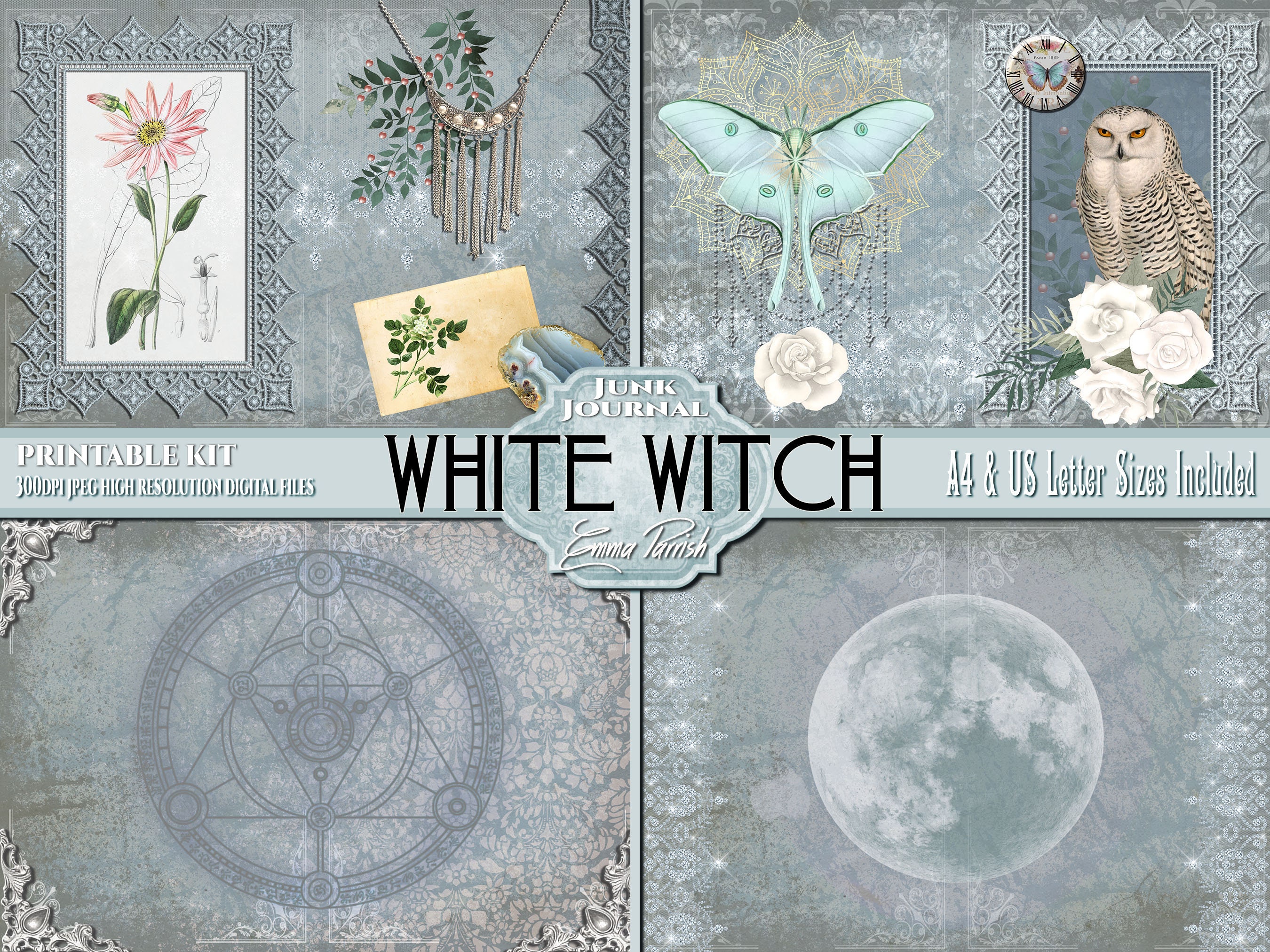 White Witch Junk Journal Kit, Printable, Witchy, Ephemera, Blue Paper ...