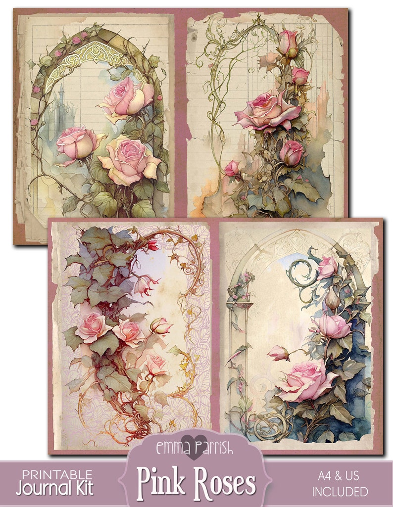 Pink Roses Junk Journal Kit, Printable, Shabby Chic, Flowers, Botanical ...