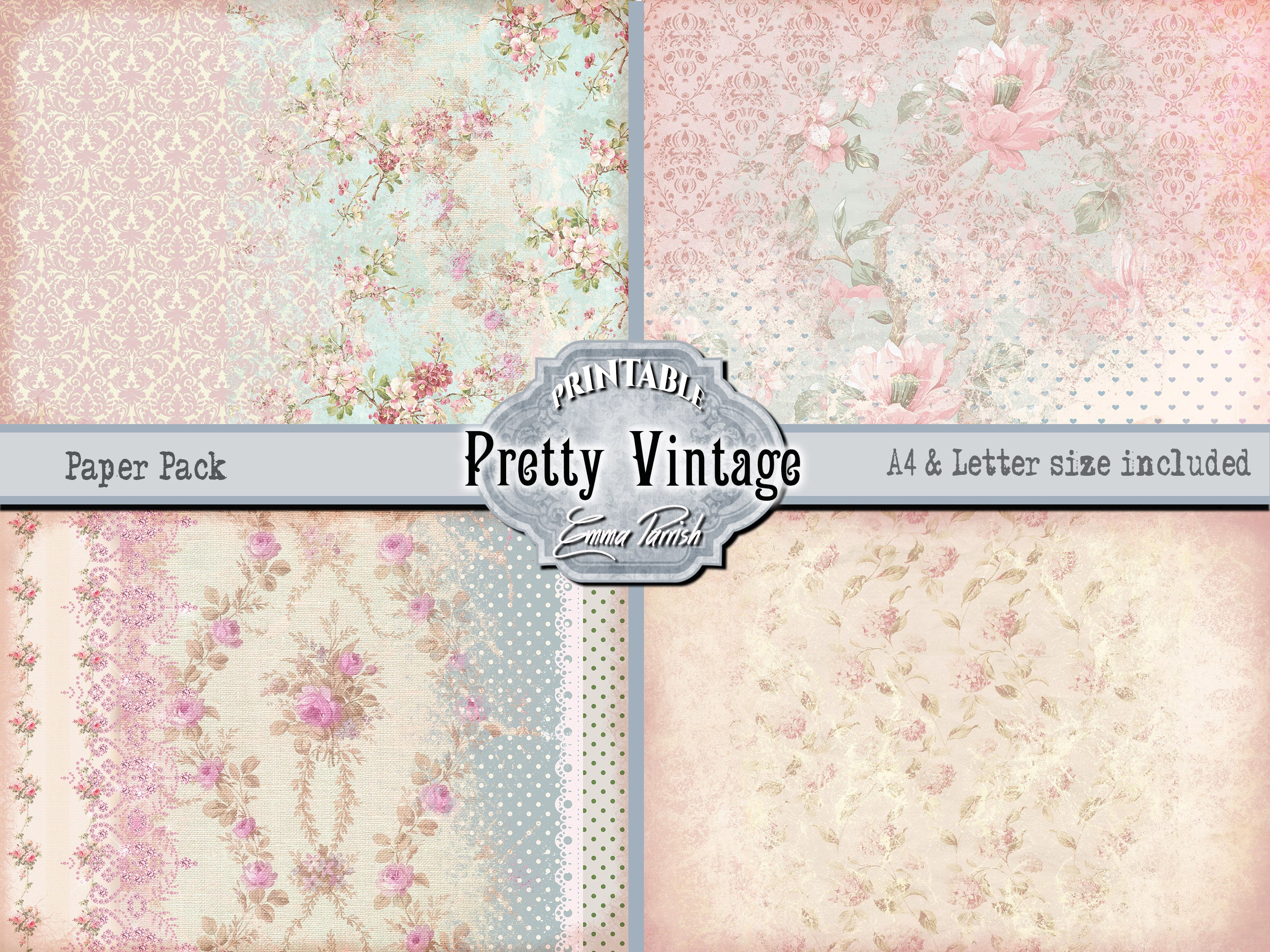 Pretty Vintage Printable Papers, Shabby Chic Paper, Pink Blue Digital ...