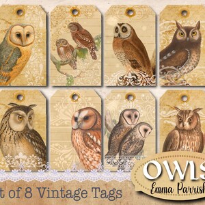 Vintage Owl Printable Tags, Junk Journal Digital Paper, Owl Luggage ...