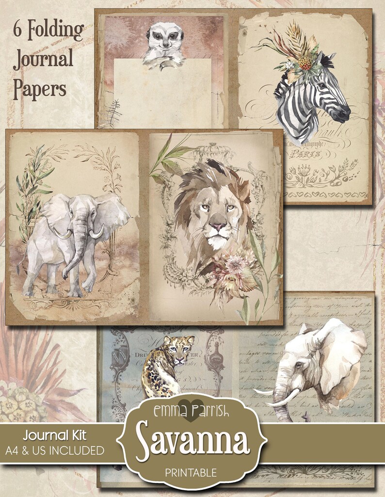 Savanna Printable Junk Journal Kit, Wild Animals Ephemera Digital Paper ...