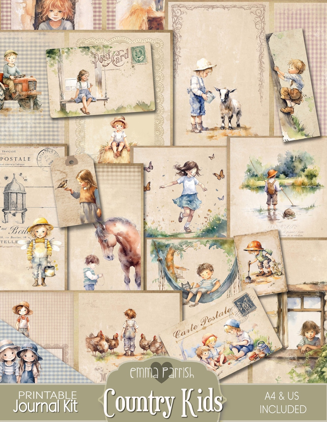 Country Kids Printable Junk Journal Kit, Children, Nostalgia, Shabby ...