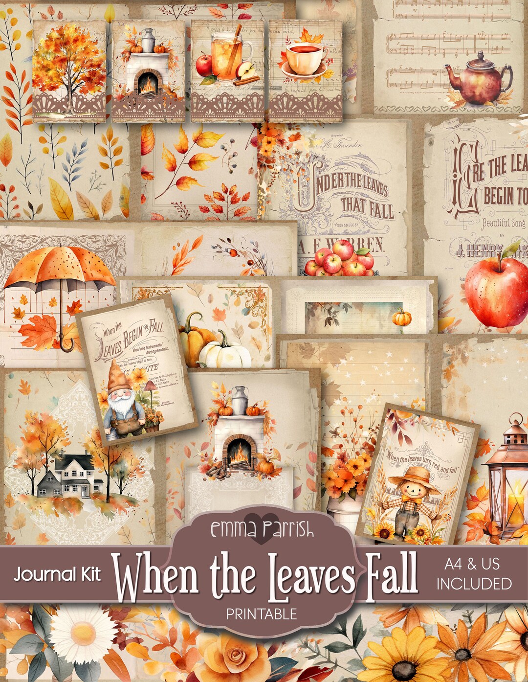 Fall Junk Journal Kit Printable, Autumn, Leaves, Pumpkins, Scarecrow ...
