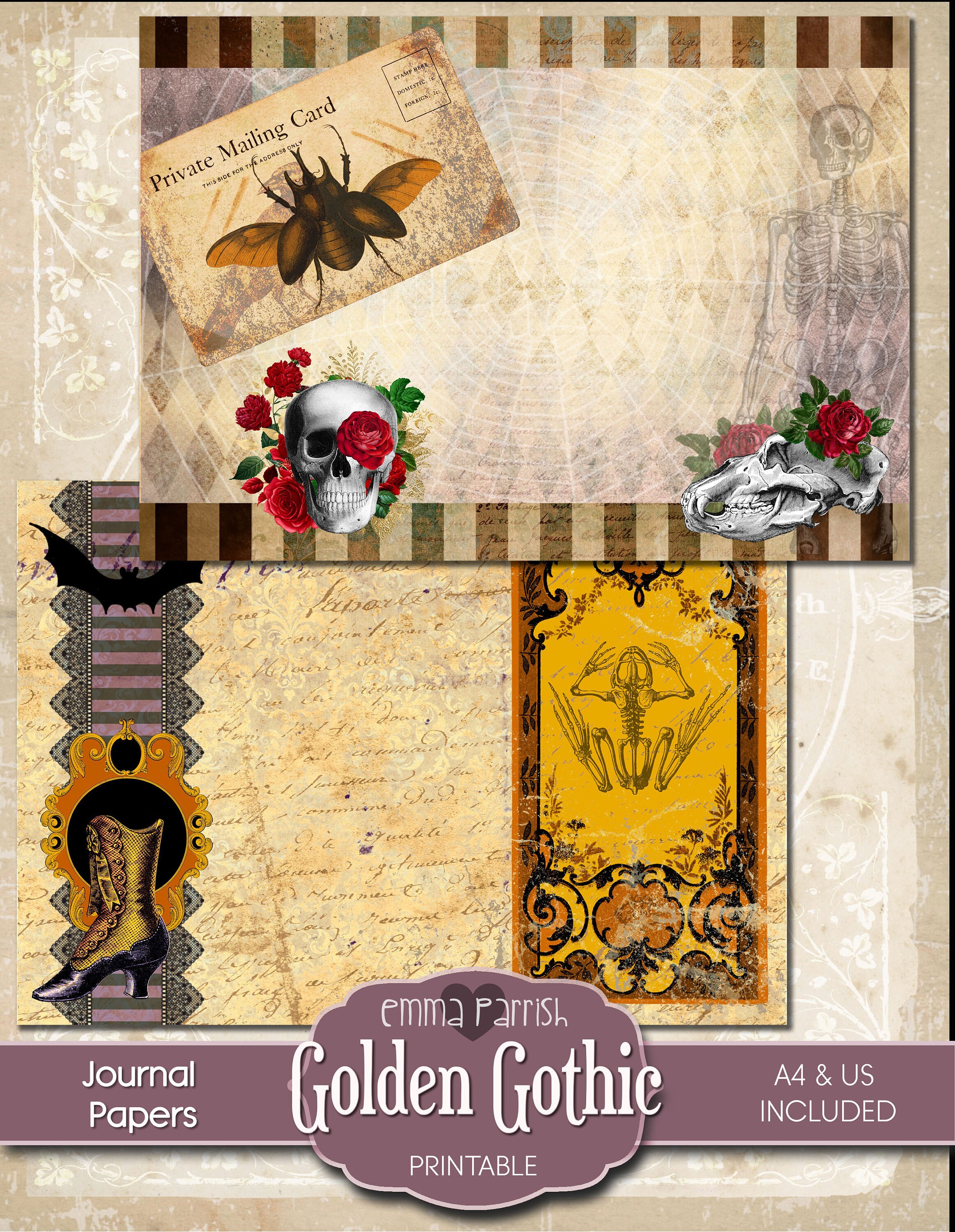 Golden Gothic Printable Paper Set, Witch Junk Journal Kit, Witchcraft ...