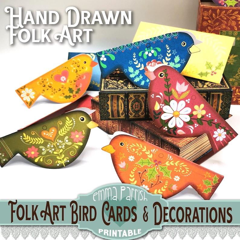 Folk Art Bird Greetings Cards, Printable Christmas Cards with Envelopes ...
