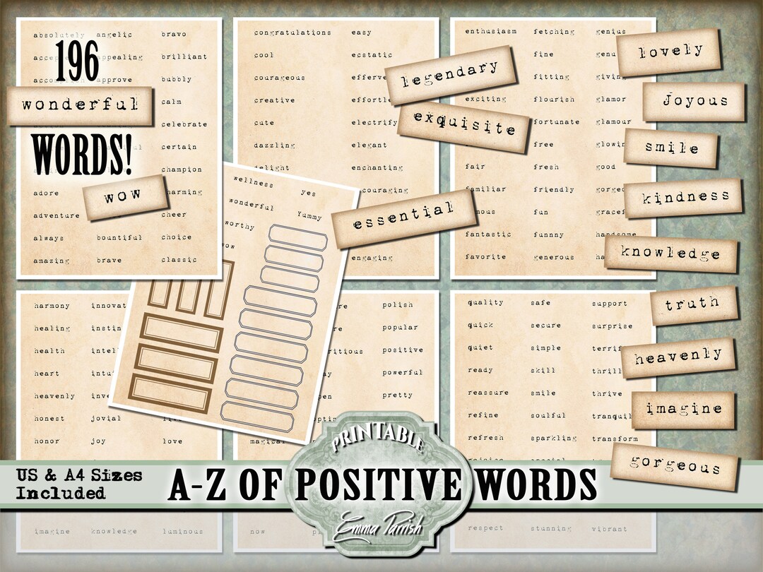 Junk Journal Printable Words, A to Z Positive Words Download, Positive ...