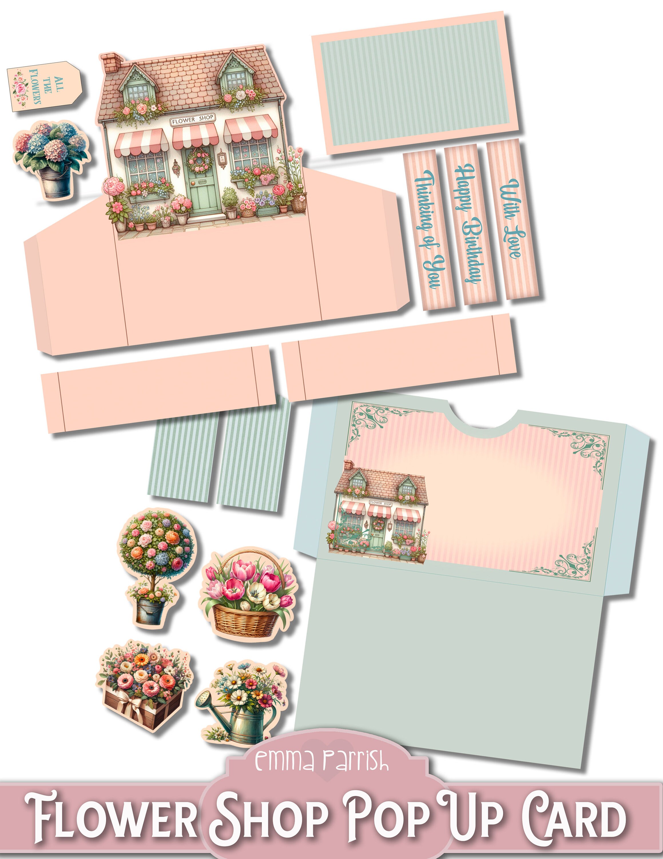 Pop up Flower Shop Card, Cricut, PNG, Box Card Printable, Roses, Pink ...