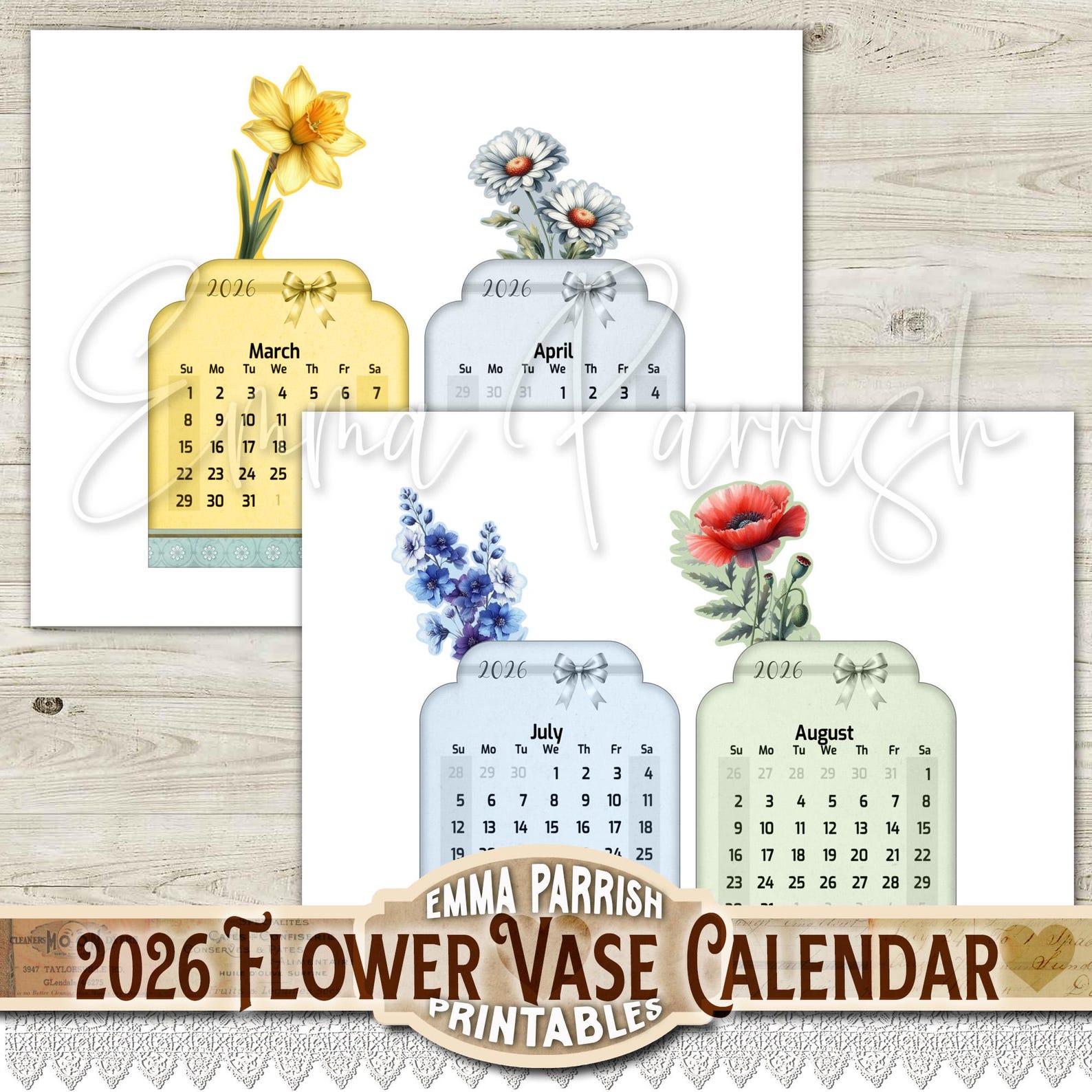 2026 Flower Vase Desk Calendar Printable, Cricut Tested DIY Papercraft ...