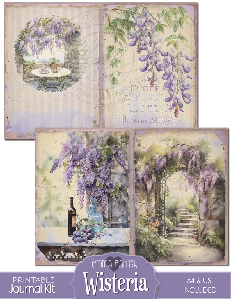 Wisteria Junk Journal Kit, Purple Printable, Shabby Vintage French Chic ...