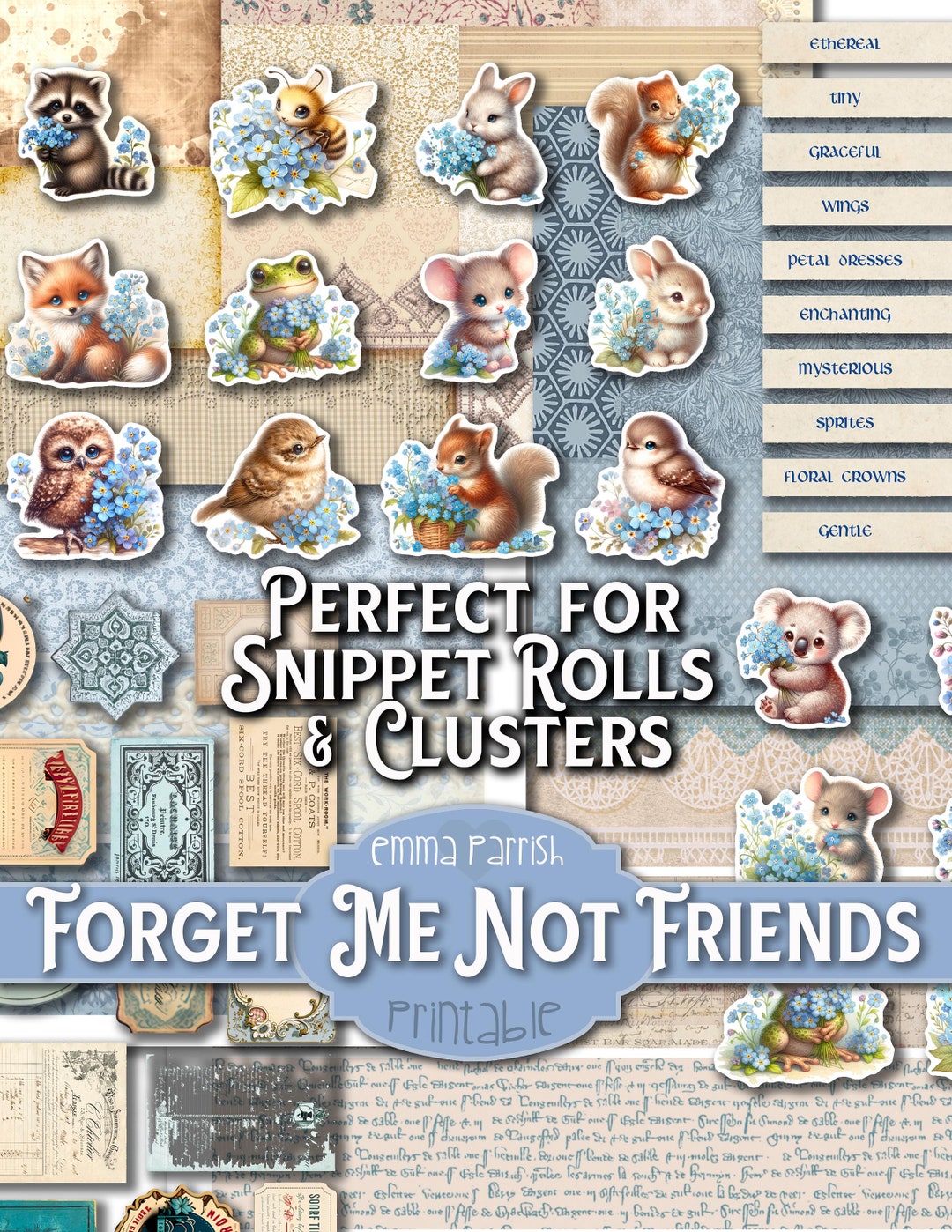 Forget Me Not Junk Journal Printable Cluster, Snippet Roll Kit ...