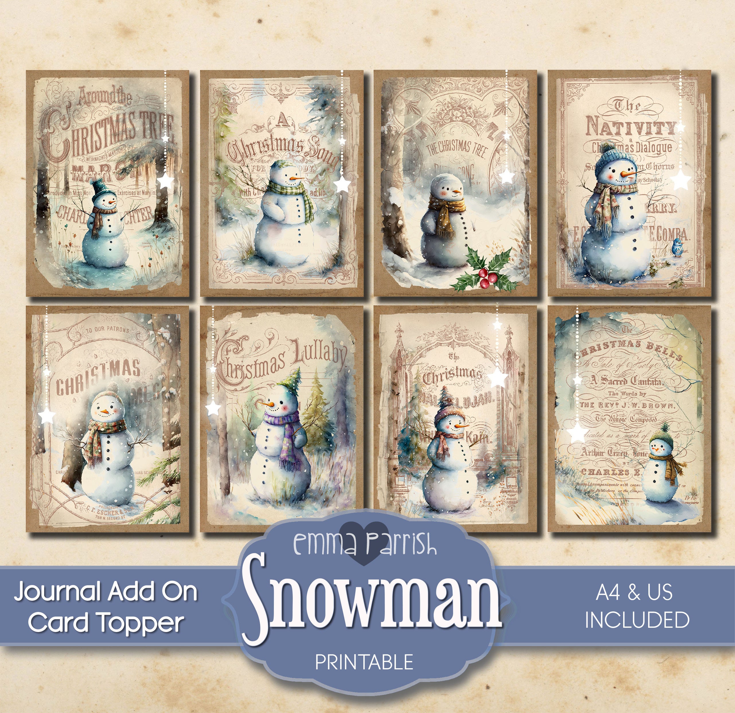 Snowman Printable, Card, Topper, Junk Journal, Insert, Add On, Ephemera ...