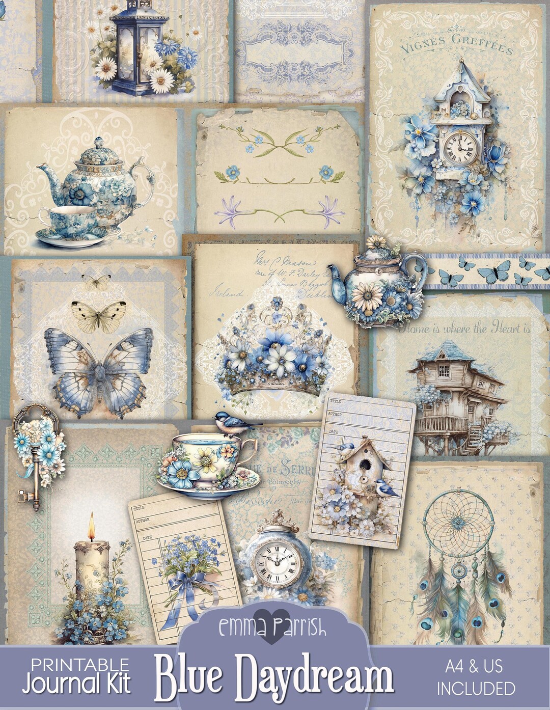 Blue Junk Journal Kit, Shabby, Vintage, Butterflies, Floral, Dream ...