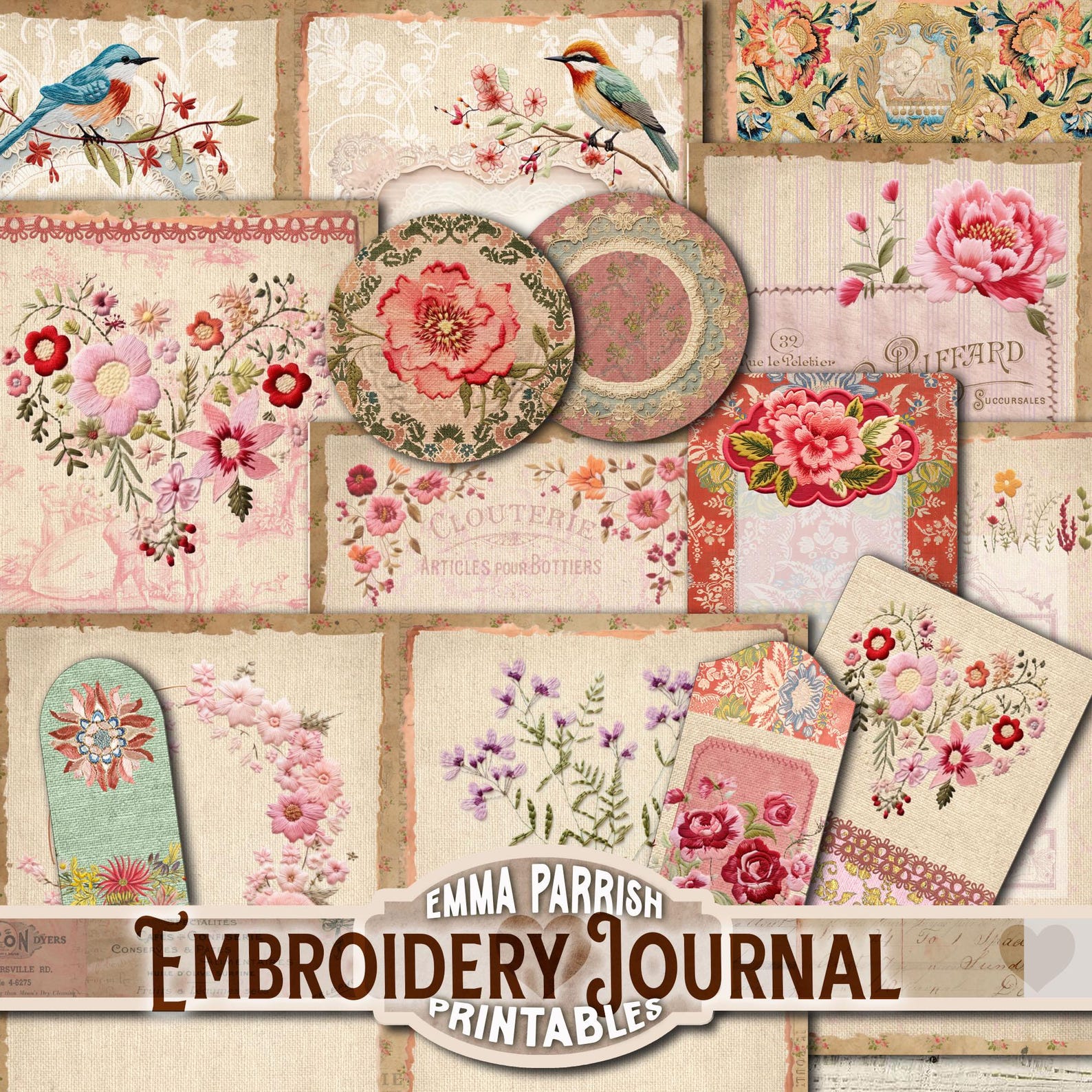 Vintage Embroidery Junk Journal Printables Kit, Textile Fabric Digital ...