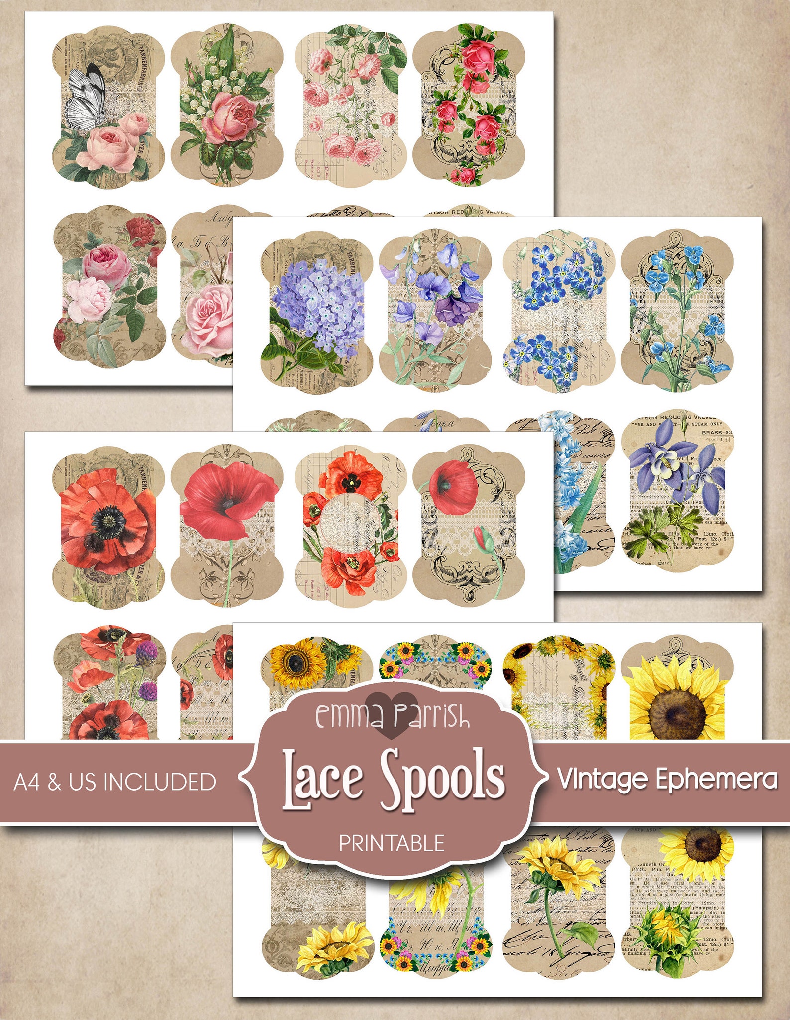 Ribbon Spools, Lace Spools, Sewing, Scrapbook, Junk Journal Kit ...