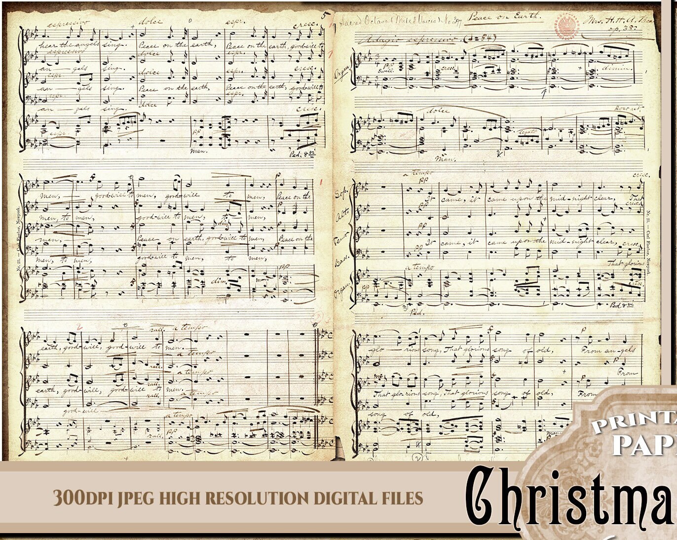 Vintage Christmas Printable Music Paper, Junk Journal Pages, Festive ...