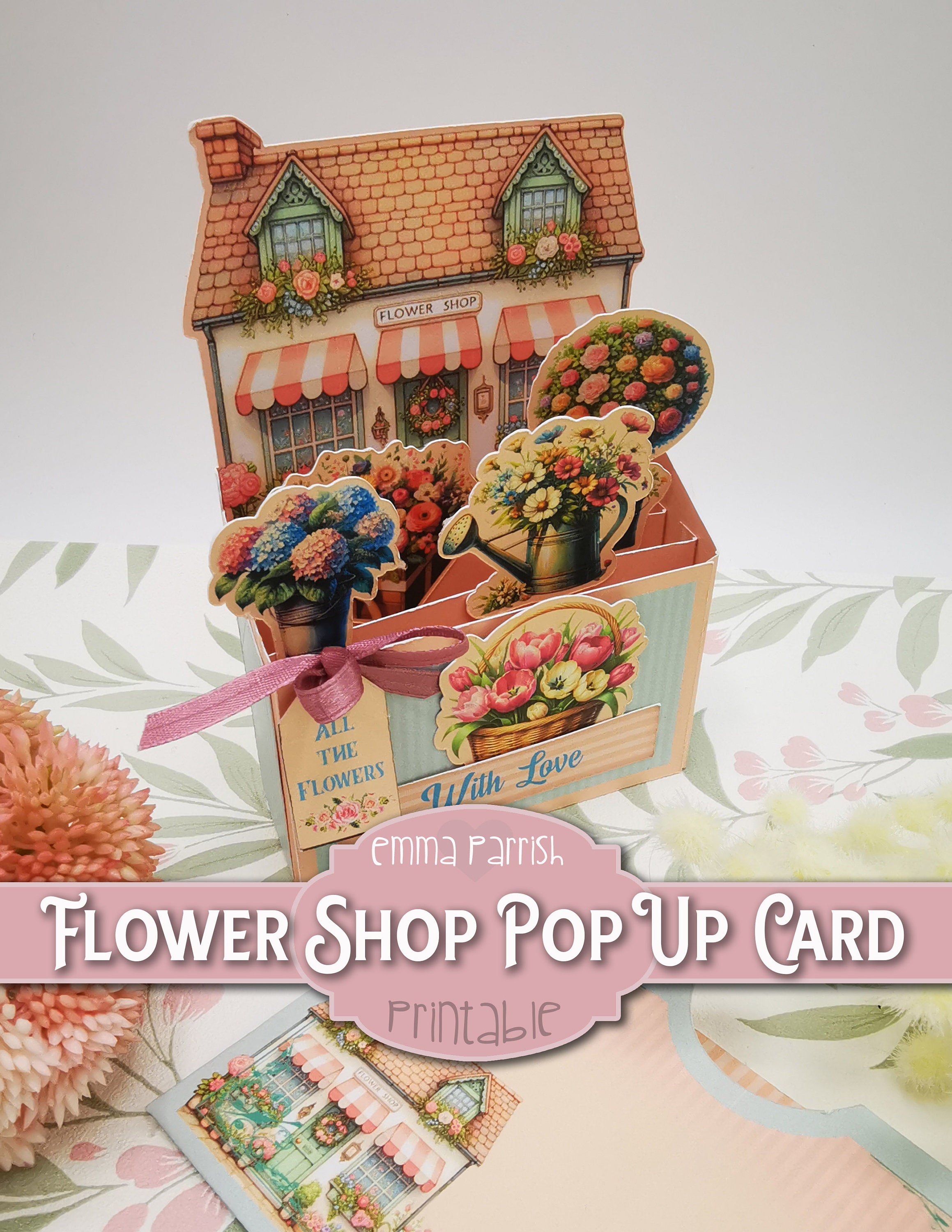 Pop up Flower Shop Card, Cricut, PNG, Box Card Printable, Roses, Pink ...