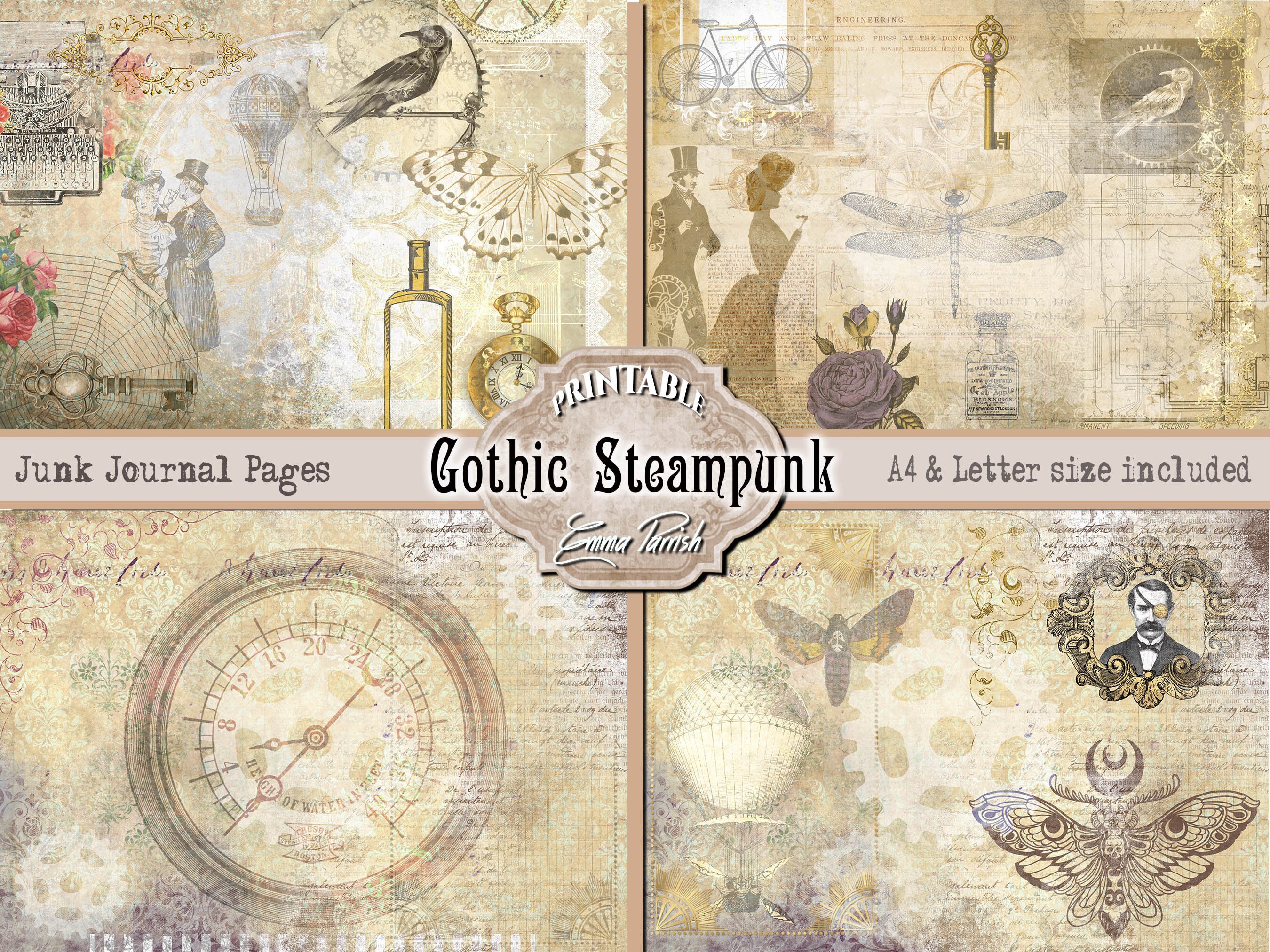 Gothic Steampunk Printable Junk Journal Pages Set, Gothic Digital Paper ...