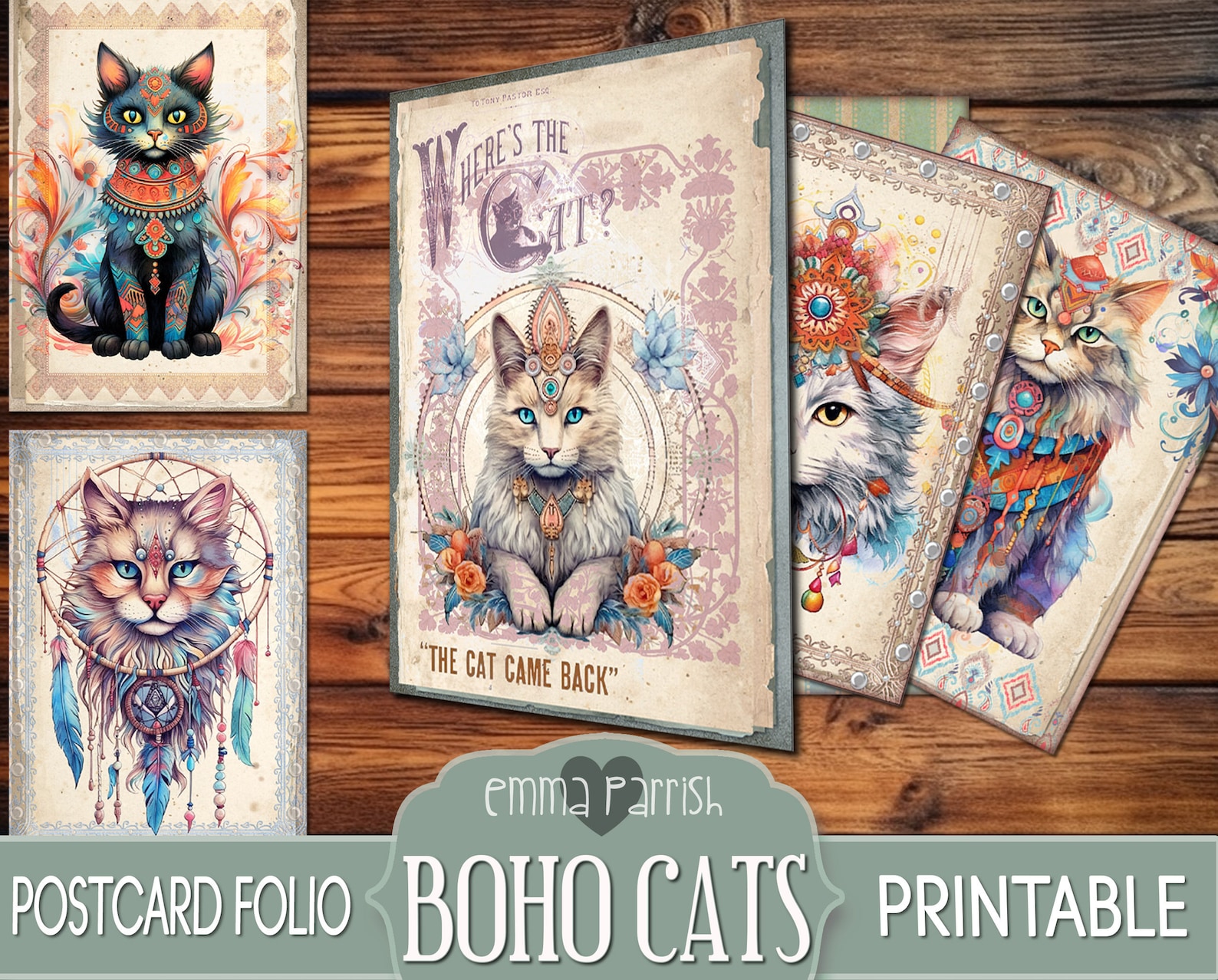 Boho Cats Postcard Folio, Printable Junk Journal Insert, Add on Kit ...