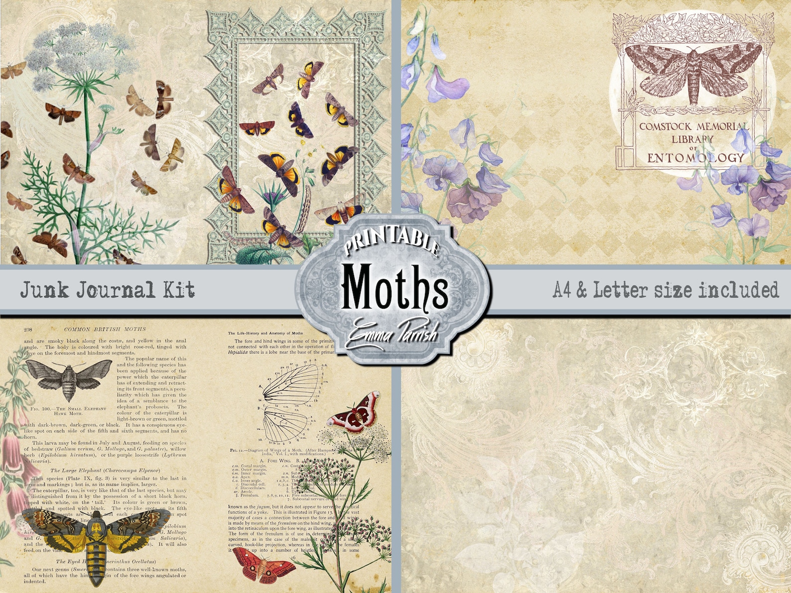 Moths Junk Journal Kit Moon Printable Pages Vintage Moth - Etsy