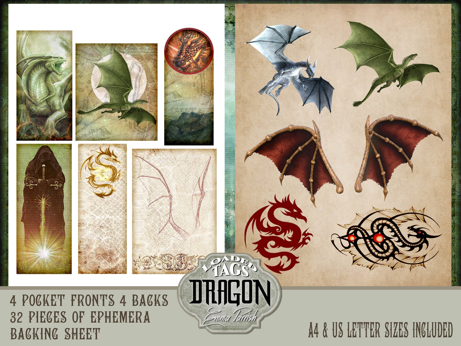Dragon Printable Loaded Pockets, Dragon Junk Journal Add On, Fantasy ...