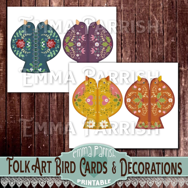 Folk Art Bird Greetings Cards, Printable Christmas Cards with Envelopes ...