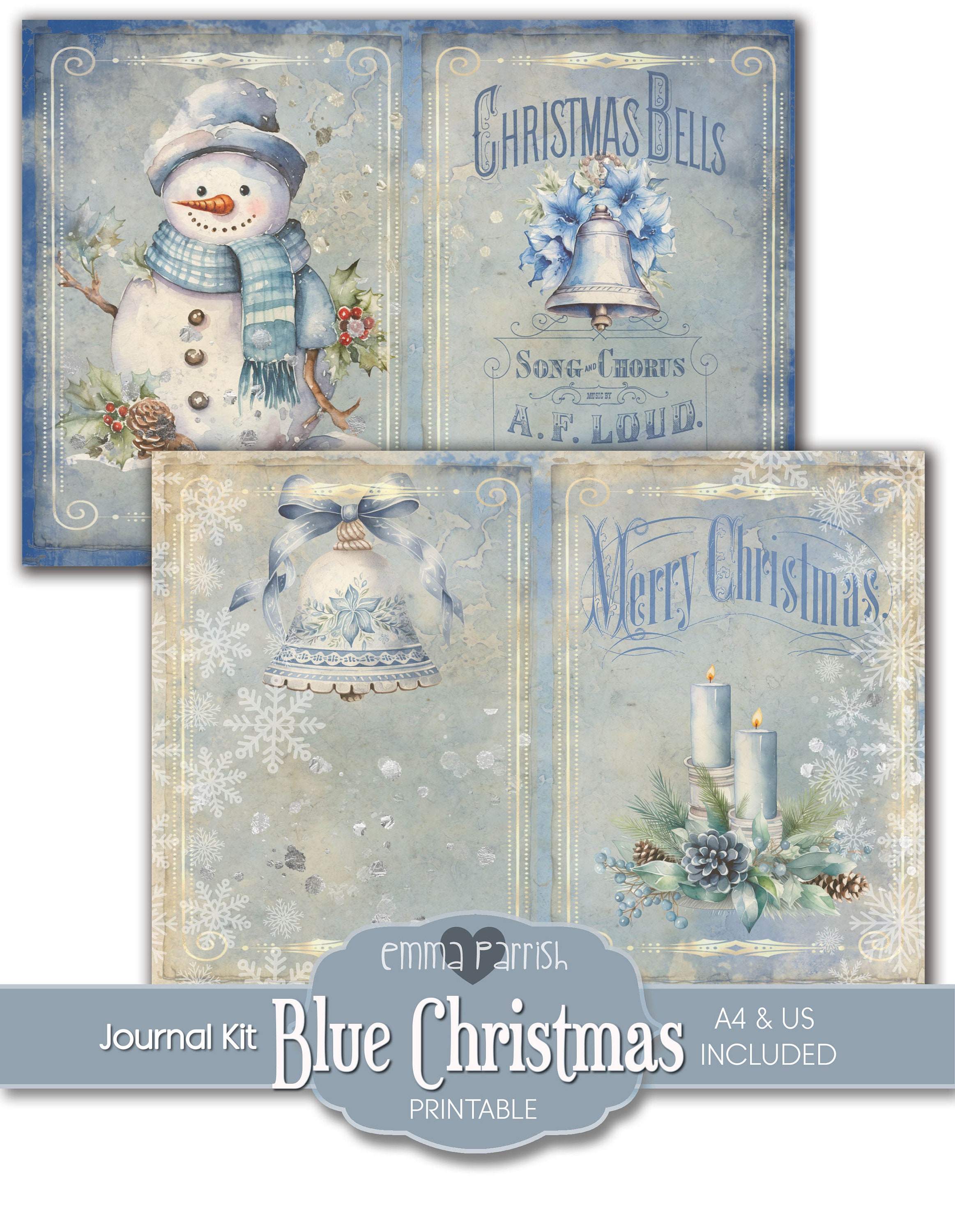Blue Christmas Printable Junk Journal Kit, Cute Snowman, Santa ...