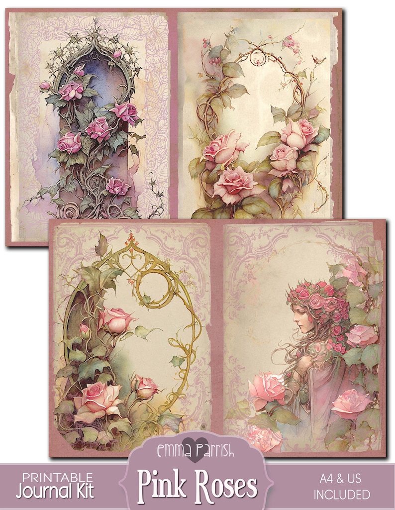 Pink Roses Junk Journal Kit, Printable, Shabby Chic, Flowers, Botanical ...