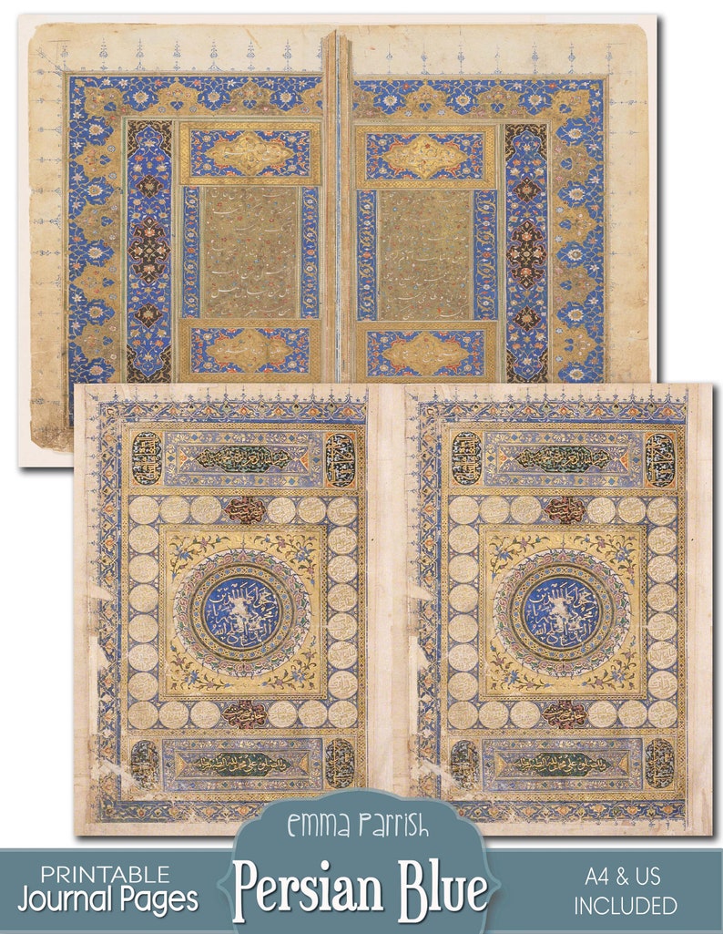 Persian Blue Journal Printable Pages, Boho Paper, Persia, Gold, Vintage ...