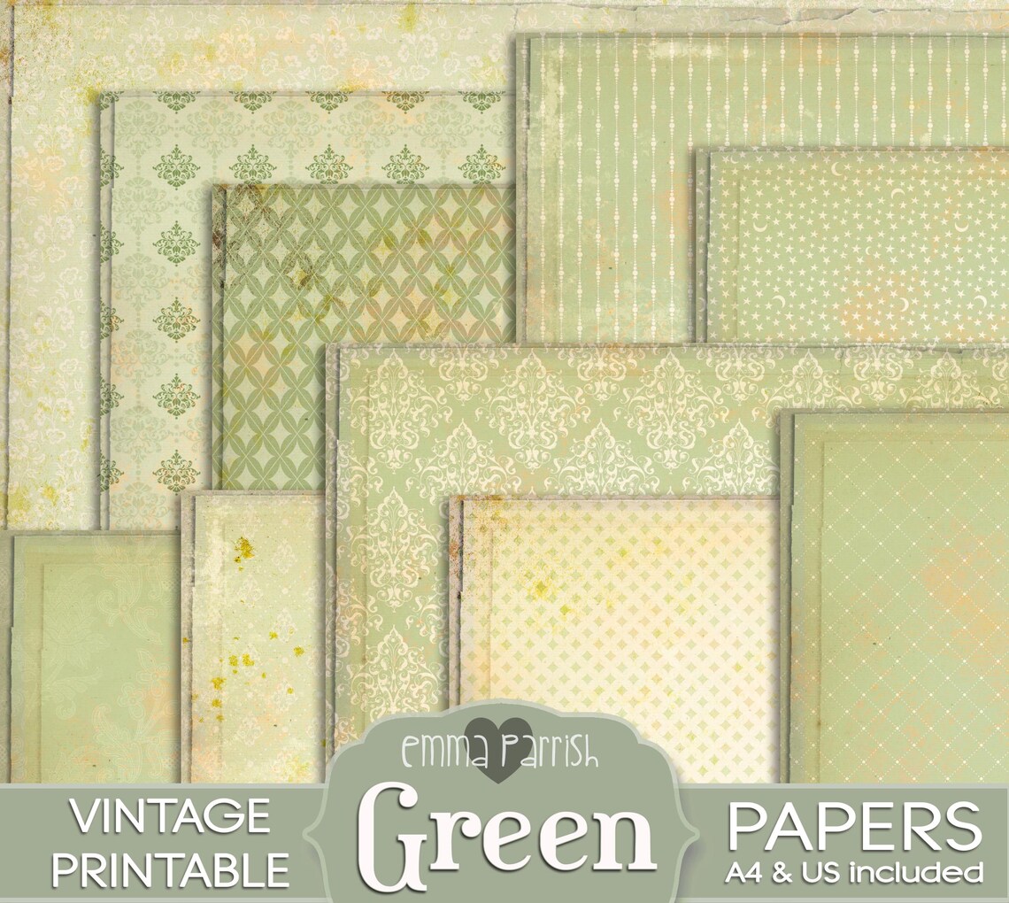 Shabby Green Printable Papers, Vintage Patterns, Junk Journal ...