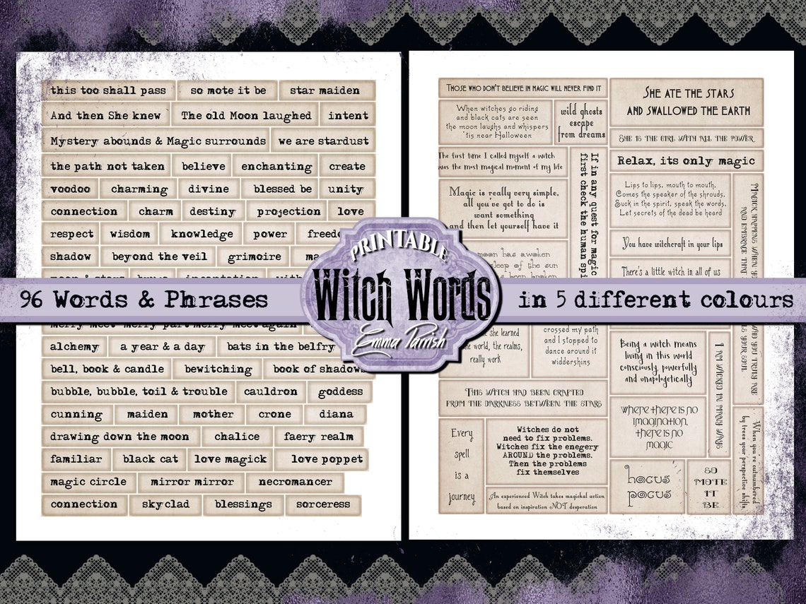 Witch Printable Inspirational Words & Phrases, Witchcraft Junk Journal ...