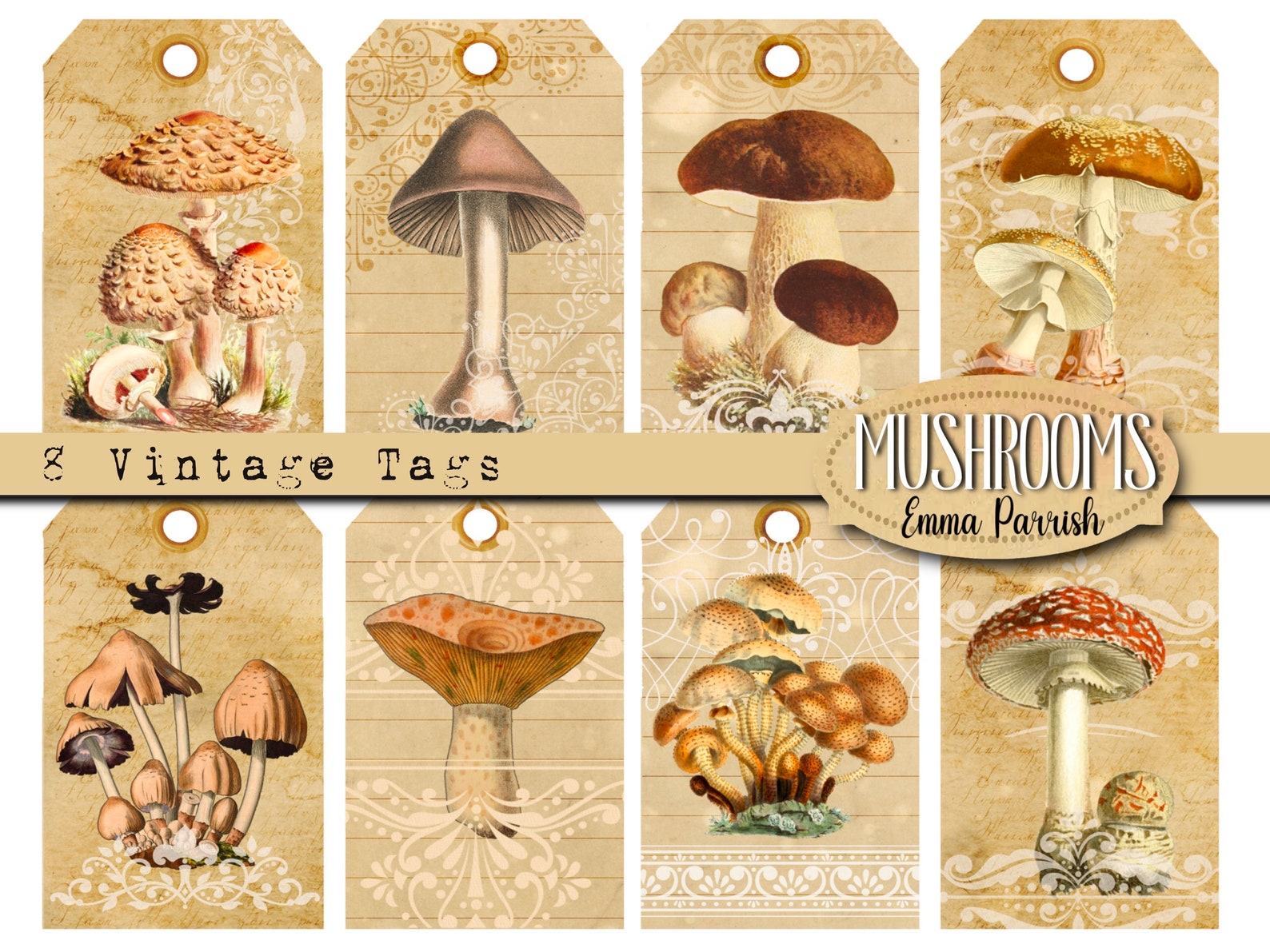 Vintage Mushroom Printable Tags, Vintage Mushroom Junk Journal ...