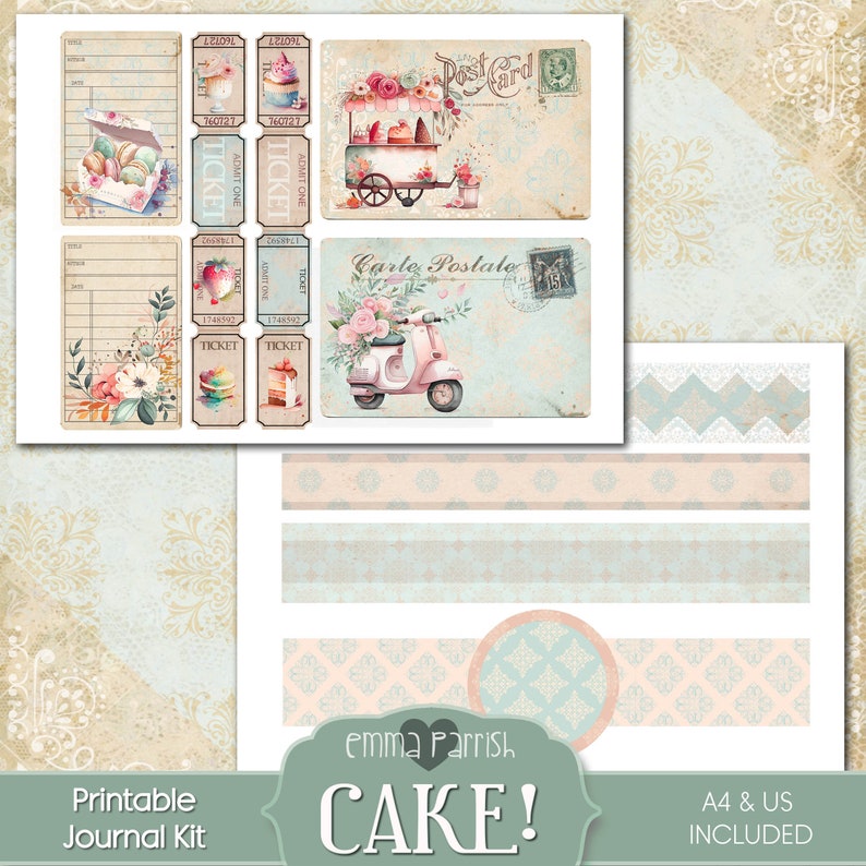 Cake Junk Journal Kit, Vintage French Journal, Pastel, Watercolor ...