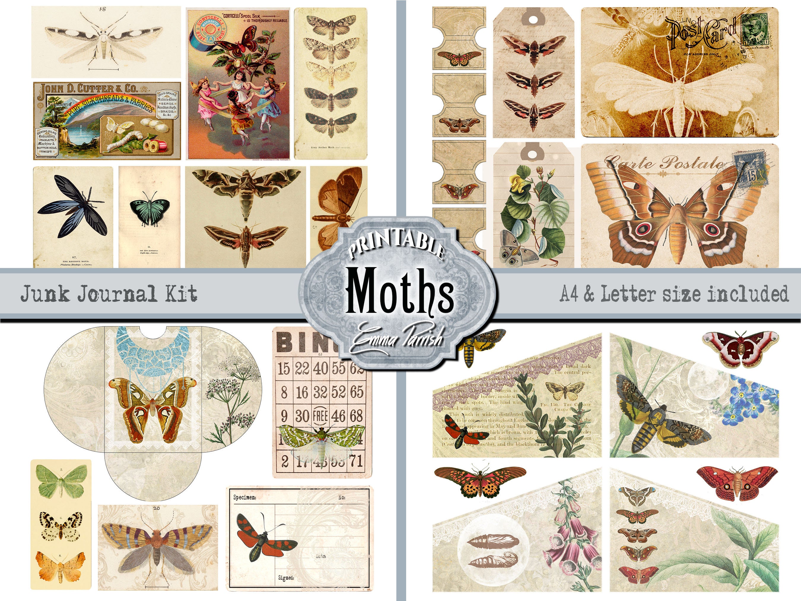 Moths Junk Journal Kit Moon Printable Pages Vintage Moth - Etsy
