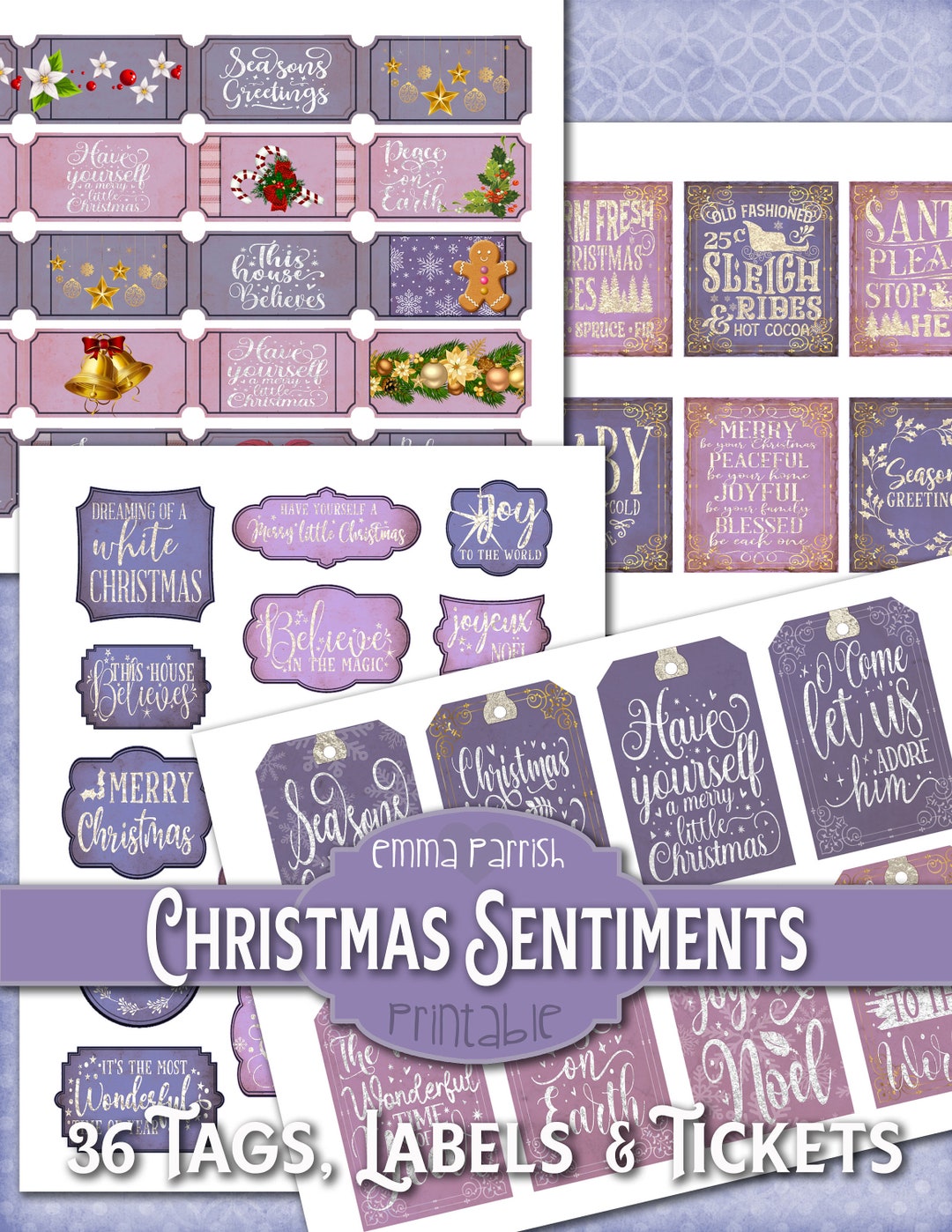 Printable Christmas Sentiments, Purple, Lilac, Lavender, Junk Journal ...