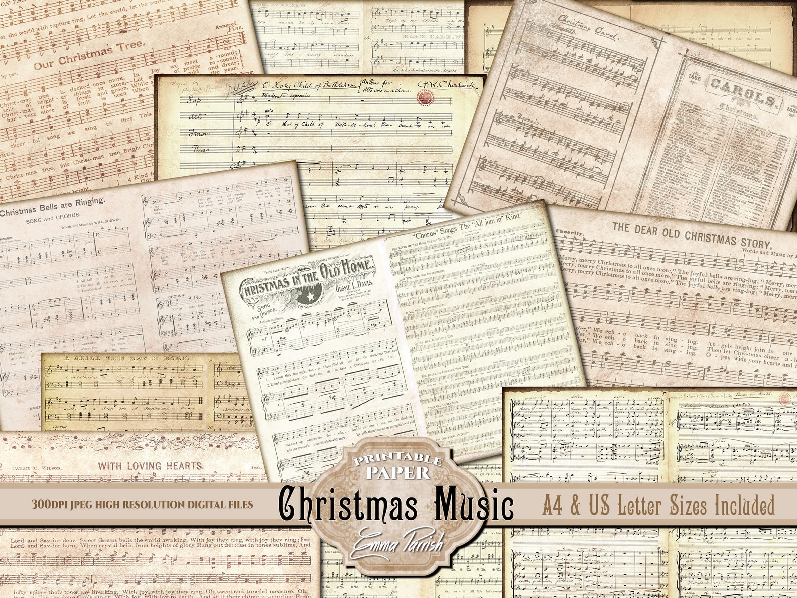 Vintage Christmas Printable Music Paper, Junk Journal Pages, Festive ...