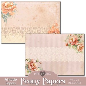 Shabby Peonies, Peony Printable Papers, Junk Journal Supplies, Pink ...