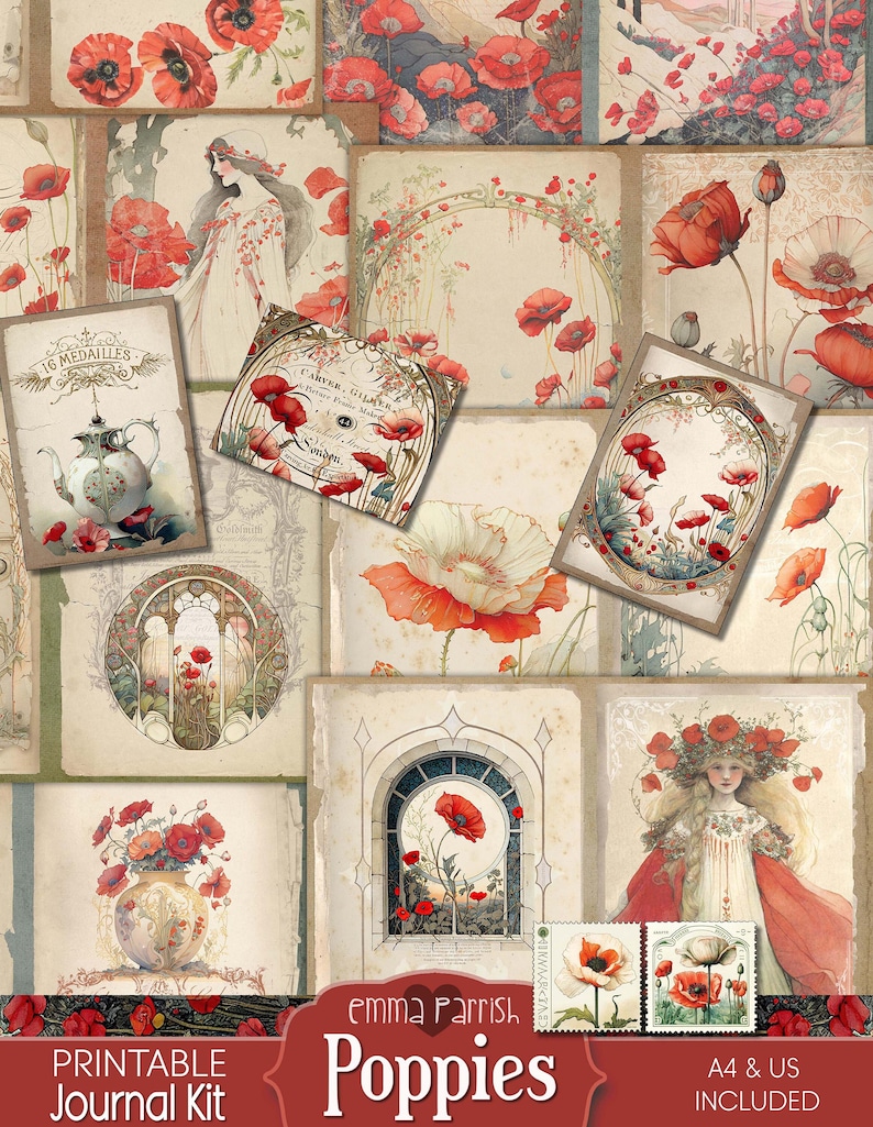 Poppies Junk Journal Kit Printable Red Poppy Flowers - Etsy