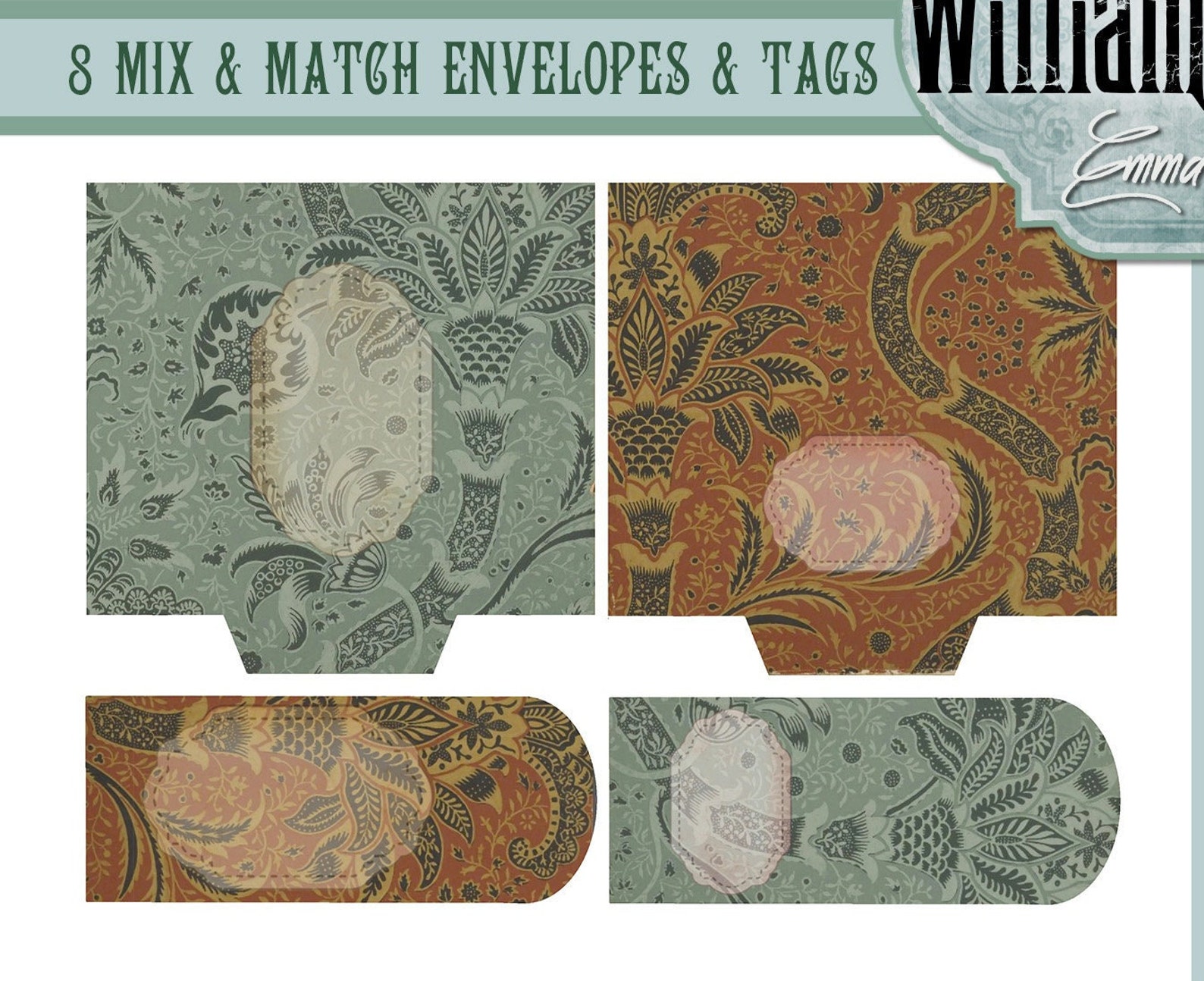 Junk Journal Printable Pocket Tags, William Morris Printable Envelope ...