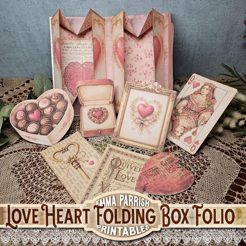 Love Heart Folding Box Folio Printable Kit | Valentine Junk Journal ...