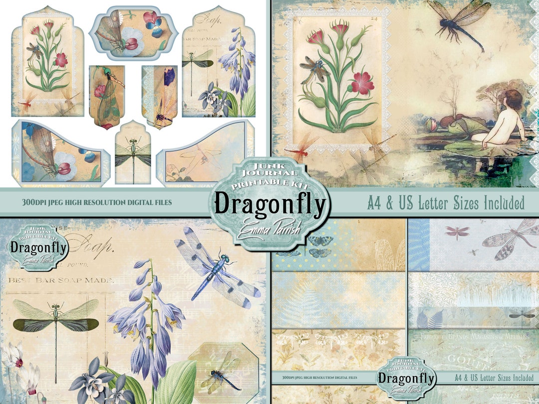 Dragonfly Junk Journal Kit, Digital Printable Paper, Vintage Nature ...