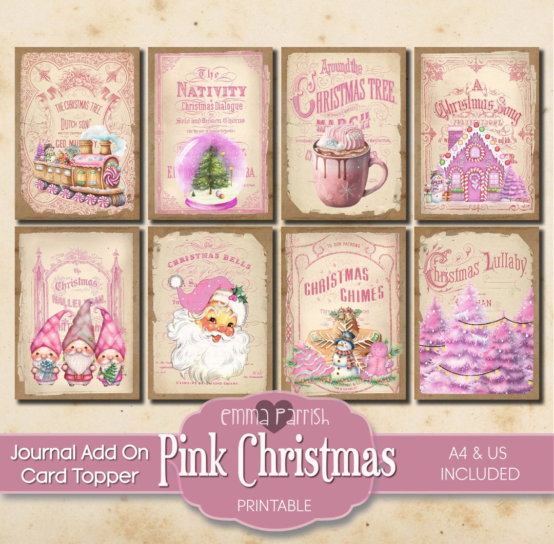 Pink Christmas Printable Card Topper, Junk Journal, Insert, Add On ...