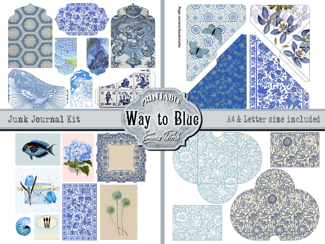Blue Junk Journal Kit, Blue Vintage Printable Pages, Blue Digital ...