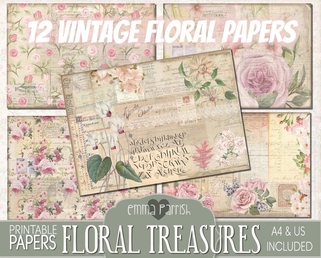 Vintage Flowers Printable Paper Pack, Junk Journal, Shabby, Background ...