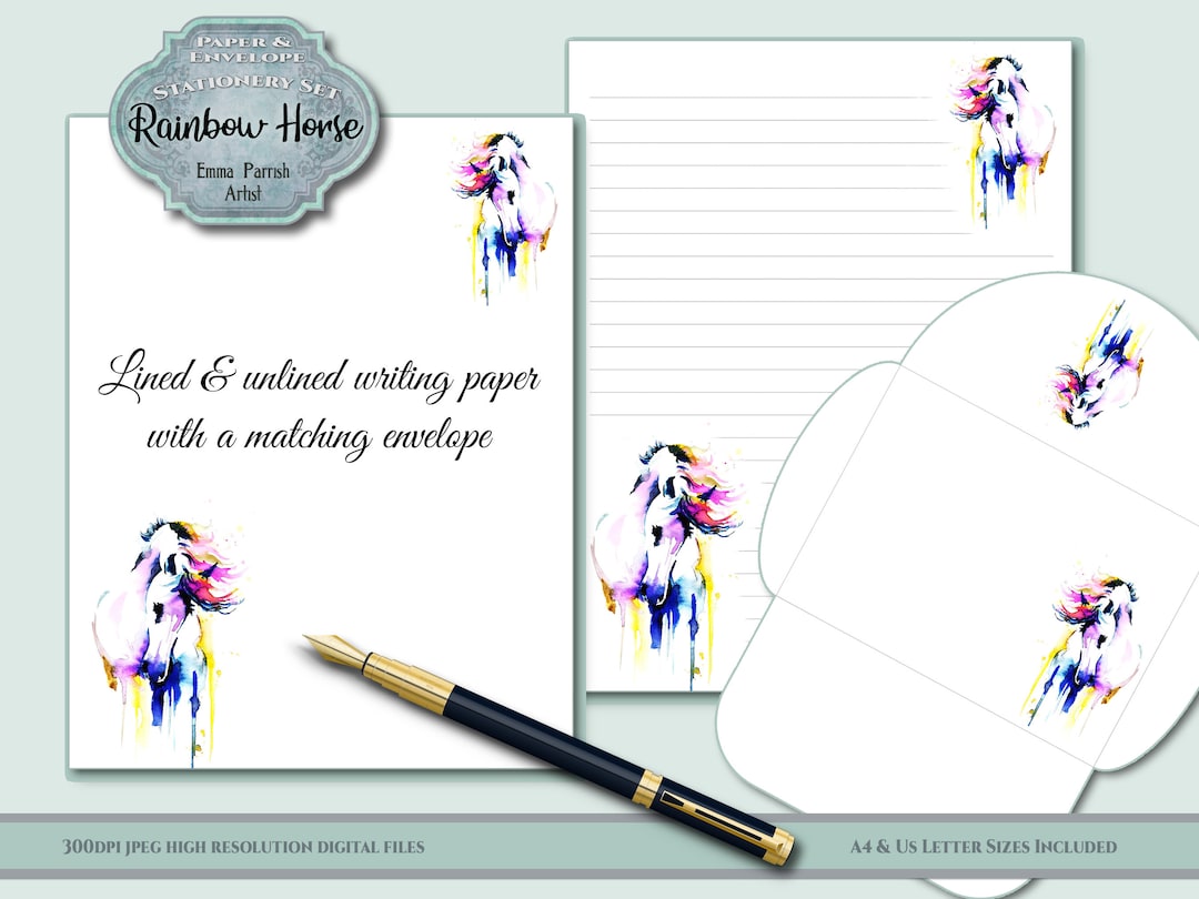 Rainbow Horse Writing Paper Stationery Set, Matching Envelope, A4 & US ...
