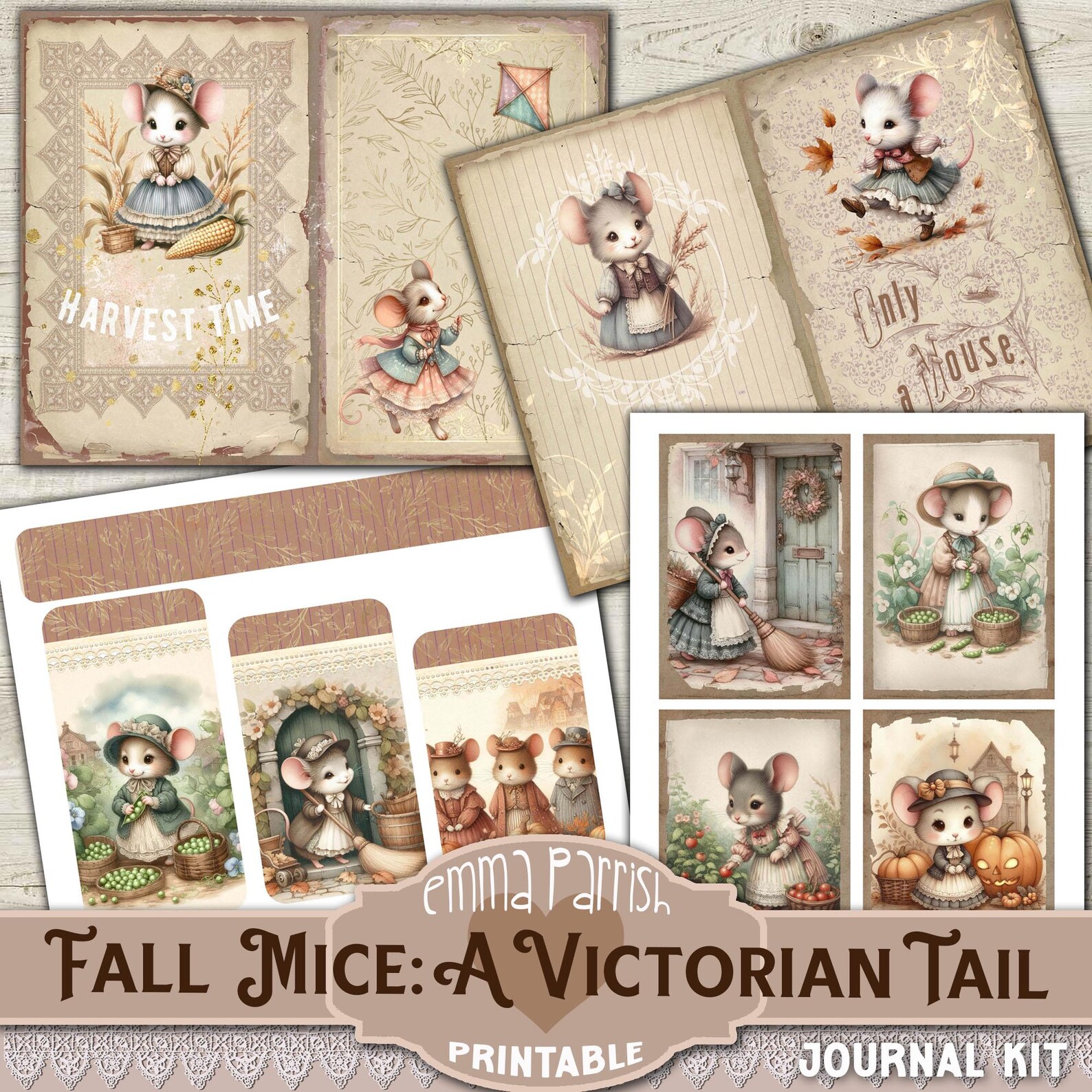 Fall Mice, Junk Journal Kit, Cute Autumn Mouse, Vintage, Victorian ...