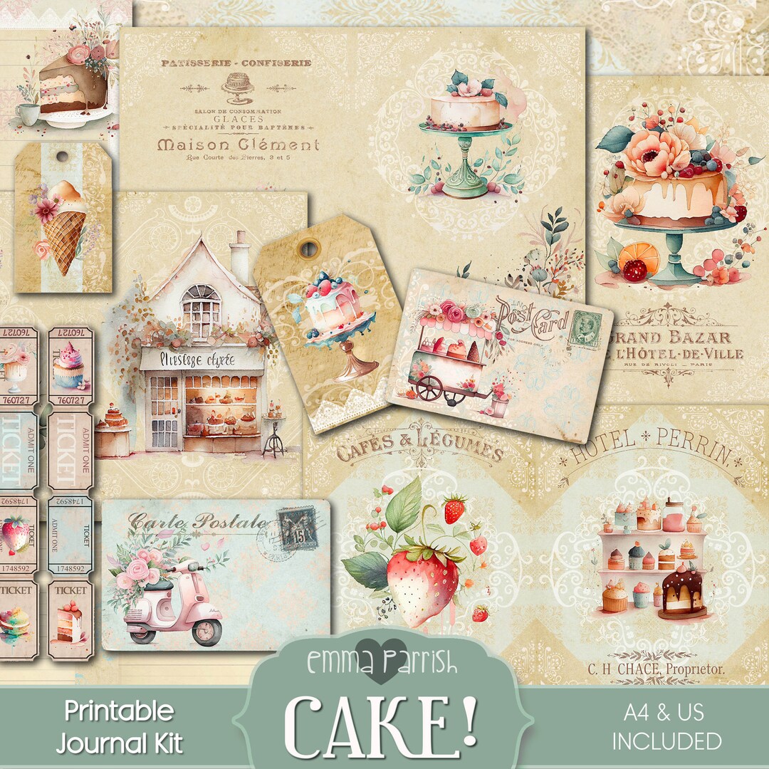 Cake Junk Journal Kit, Vintage French Journal, Pastel, Watercolor ...