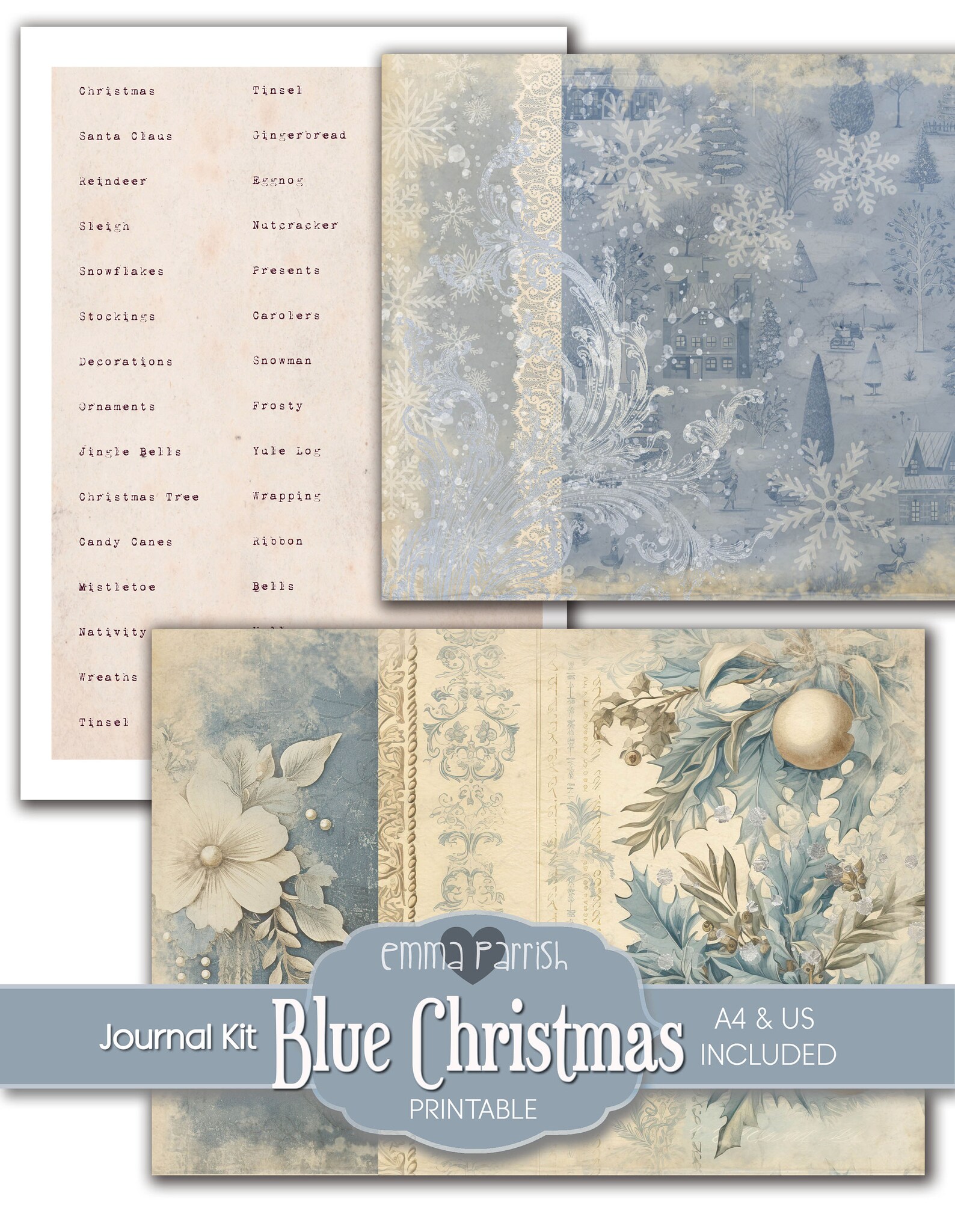 Blue Christmas Printable Junk Journal Kit, Cute Snowman, Santa ...