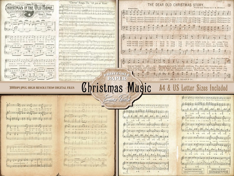 Vintage Christmas Printable Music Paper, Junk Journal Pages, Festive ...
