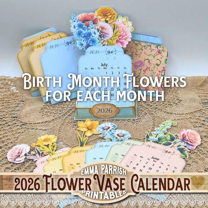 2026 Flower Vase Desk Calendar Printable, Cricut Tested DIY Papercraft ...