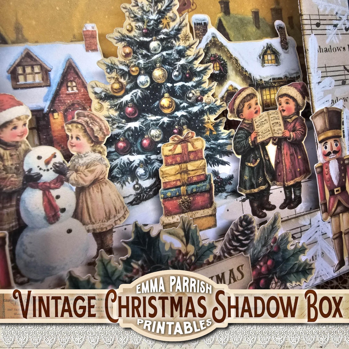 Vintage Christmas Shadow Box – Printable Papercraft Kit, Fold Flat ...